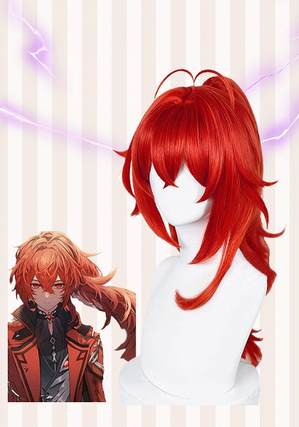 Genshin Impact Diluc Red Short Wig + Ponytail Cosplay Wig